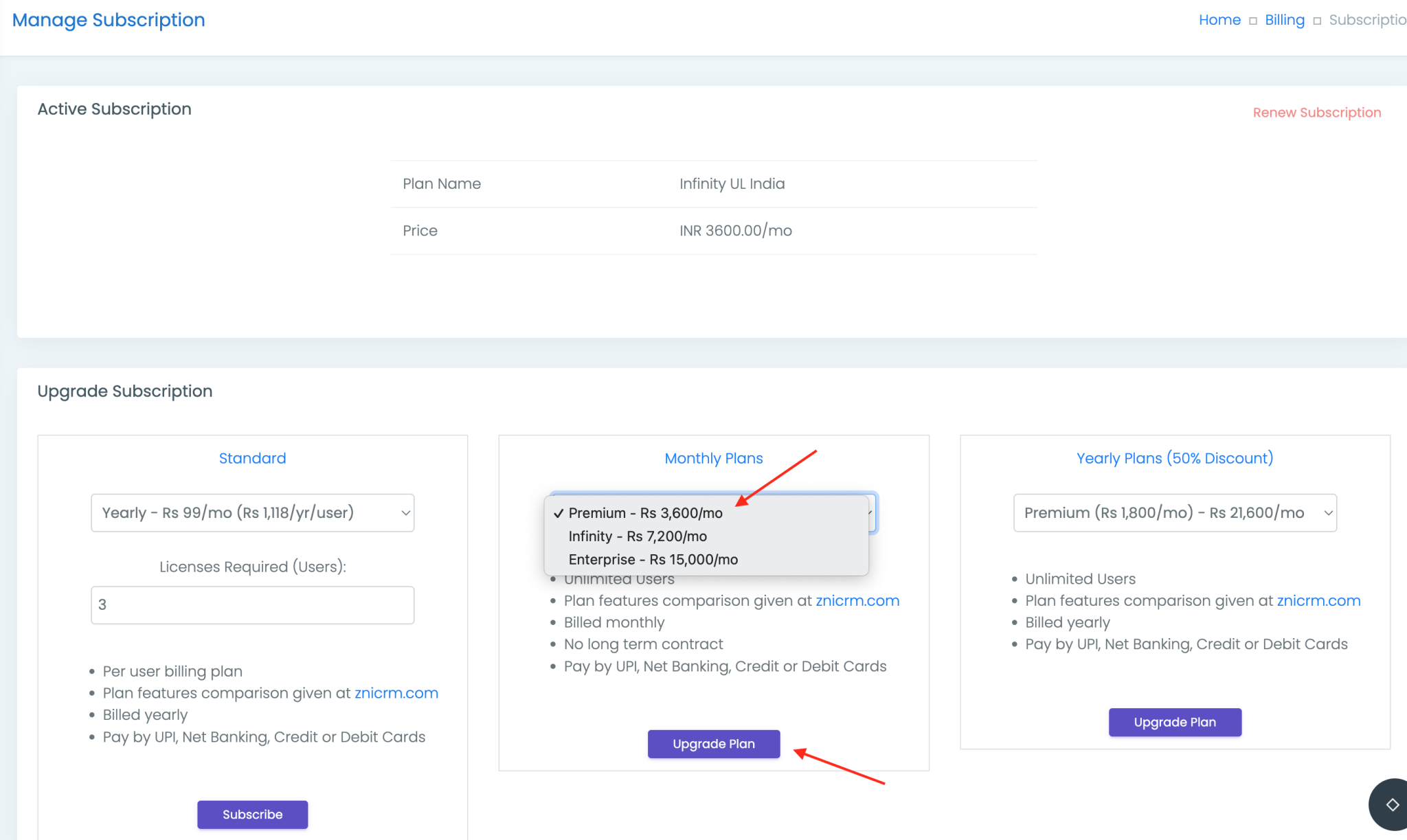 How to manage & upgrade your billing plan? - ZNICRM Guide